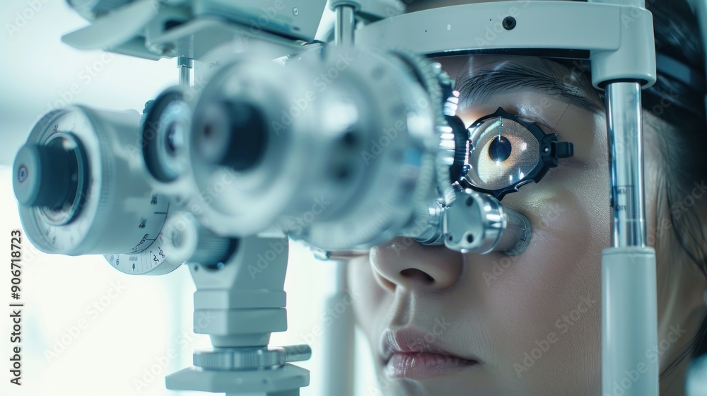 Realistic photograph of patient undergoing comprehensive eye exam with ...