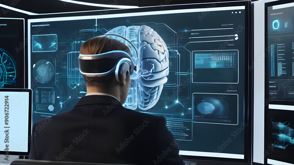 Human interact with AI artificial intelligence brain processor in ...