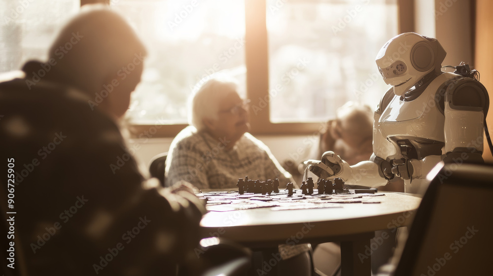 Senior citizens engage with a humanoid robot while playing a board game ...