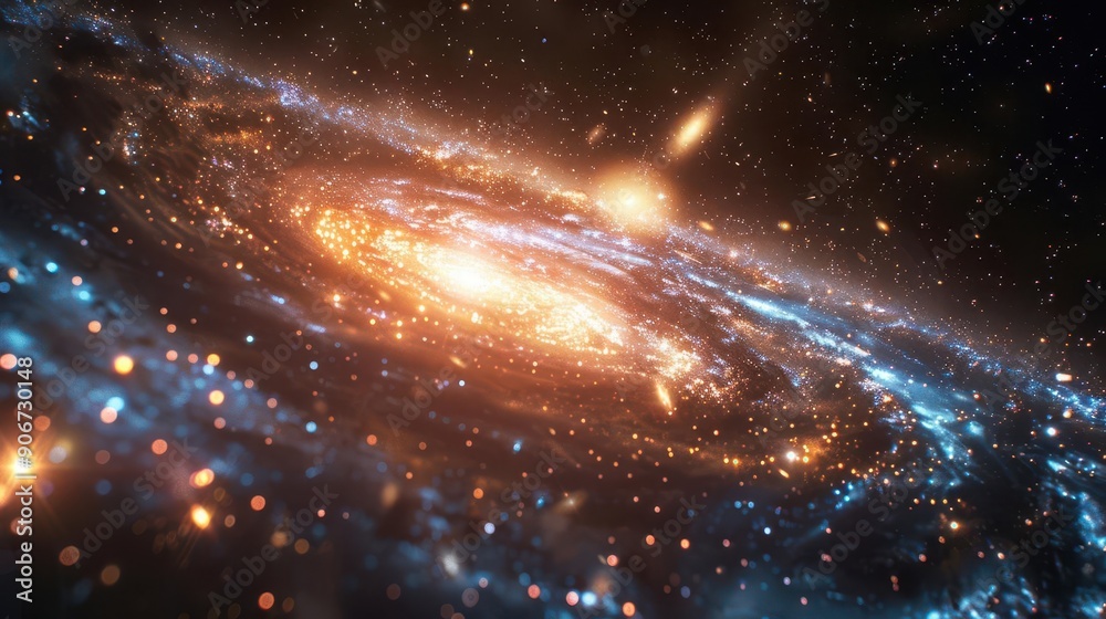 Produce an intense galaxy image with clusters and cosmic dust, side ...