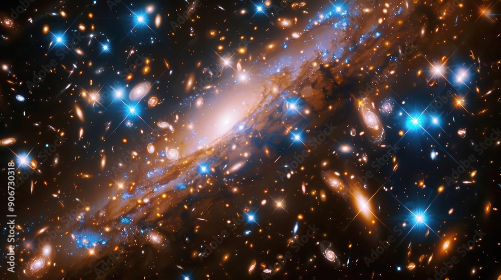 Produce an intense galaxy image with clusters and cosmic dust, side ...