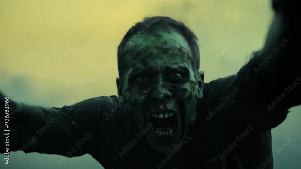 Menacing zombie aggressively lurches forward in a foggy, dystopian ...