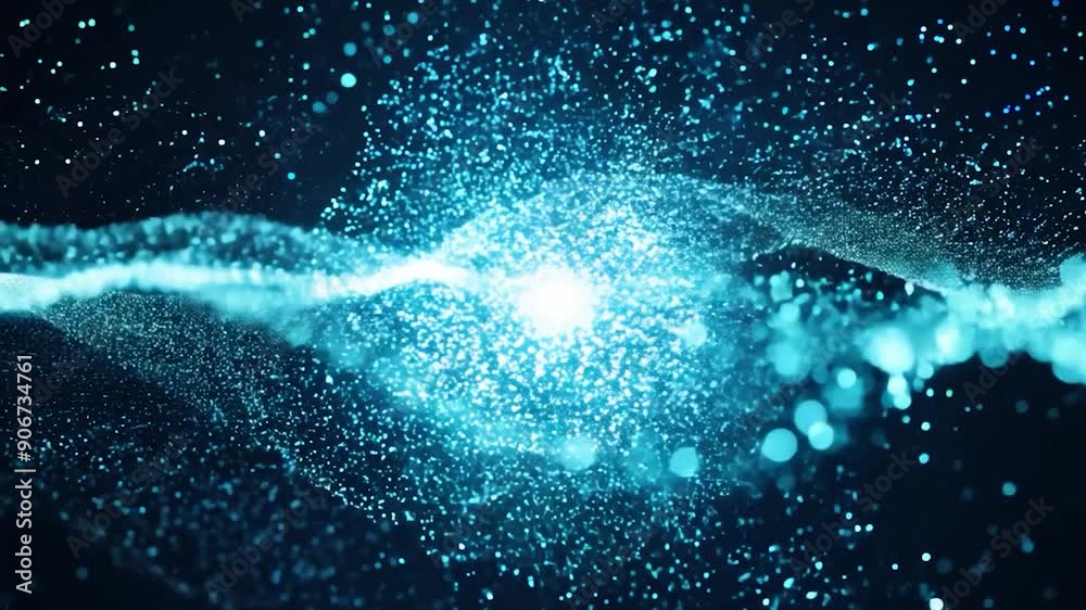 Abstract digital wave forms with glowing particles in motion, creating ...