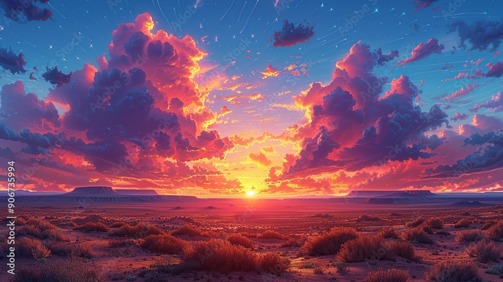 Dramatic photograph of a sunset over a desert with changing weather ...