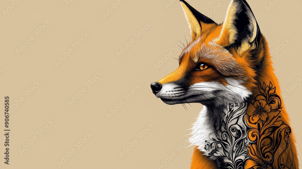 Artistic Fox Portrait with Intricate Floral Tattoo Design: Creative ...