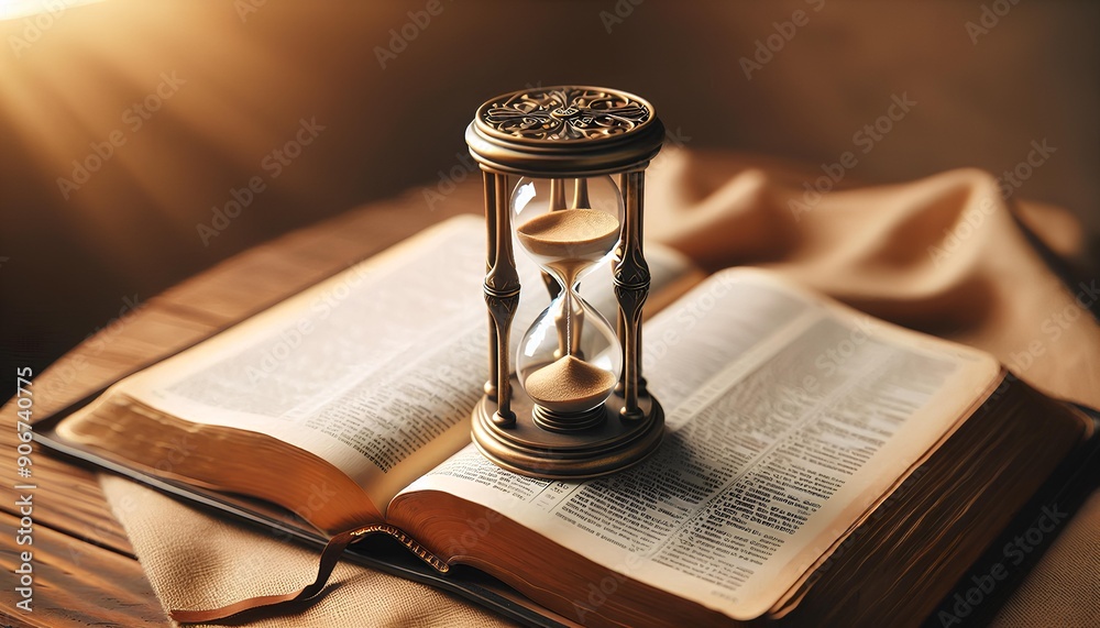 Vintage Hourglass on Open Bible with Sunlight Streaming Through Window ...