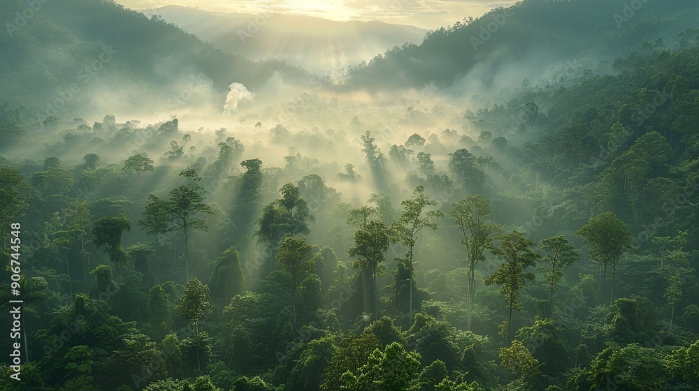 Dynamic image of a forest bathed in early morning light with fog and ...