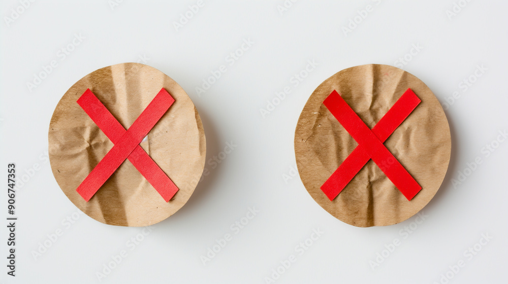 Double Denial: Two crumpled paper circles with bold red Xs symbolize ...