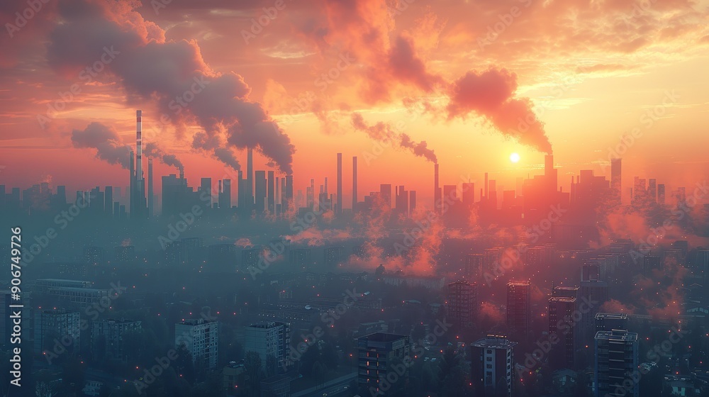 A striking image of an urban area with visible air pollution and smog ...