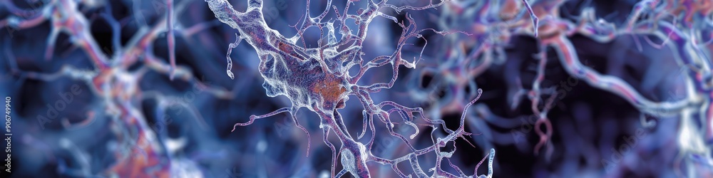 Microscopic view of a senile brain tissue sample stained using a silver method revealing a ...