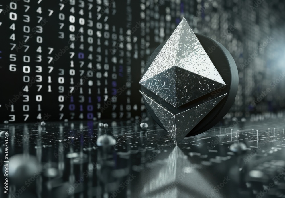 Ethereum logo on black background with white text in front, with ...