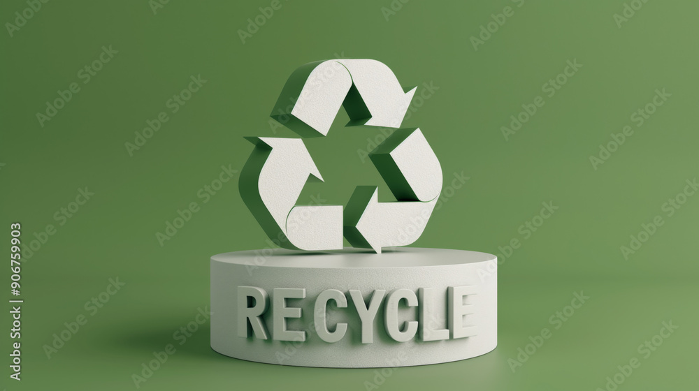 Recycle sign in white on round podium and 3d recycling symbol over ...
