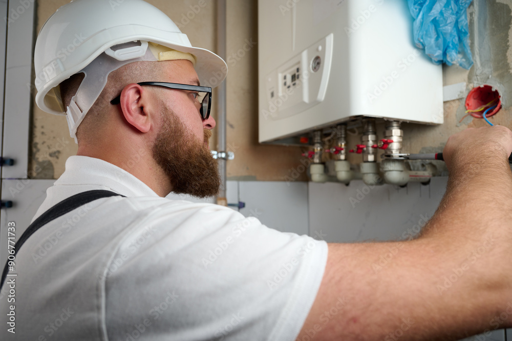 Plumber Install a Boiler. Professional engineer installing gas boiler ...