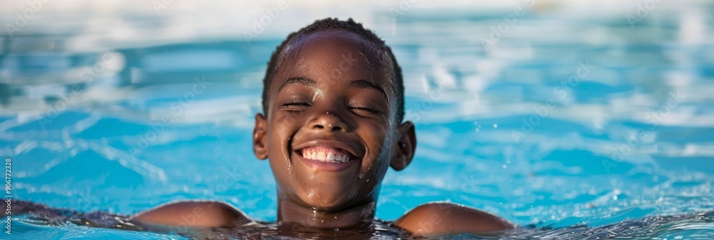 Joyful young swimmer beams with happiness in sparkling blue pool water ...