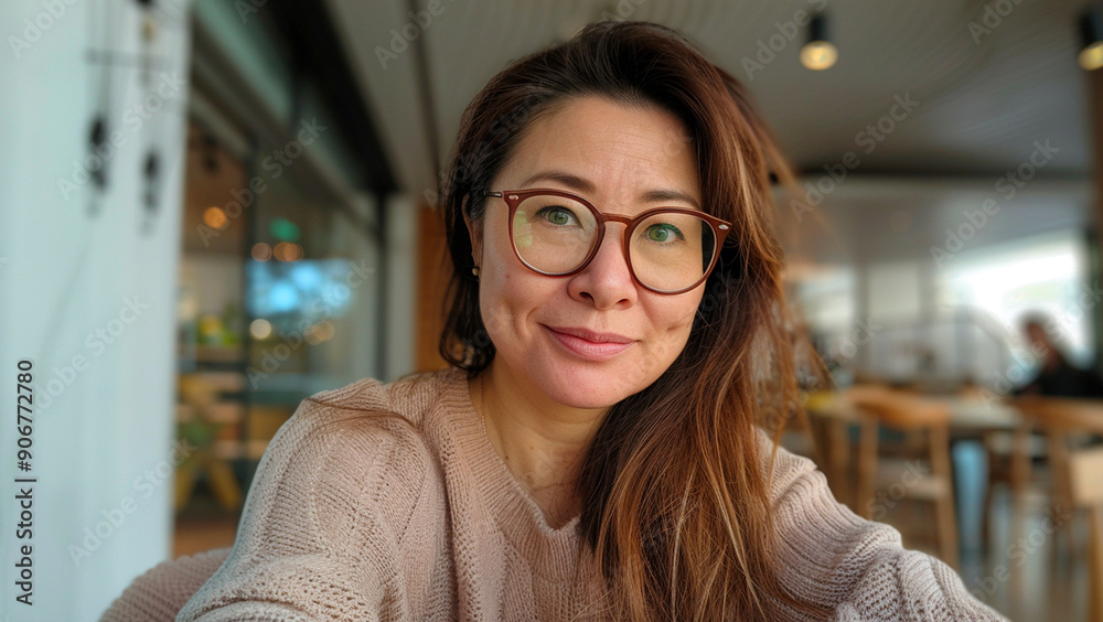 professional headshot of a fifty-year-old Asian woman taking a selfie ...