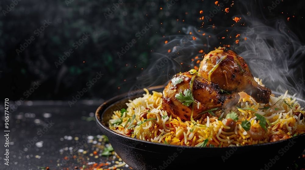 chicken biryani, Spicy chicken biryani food photography, flying food ...