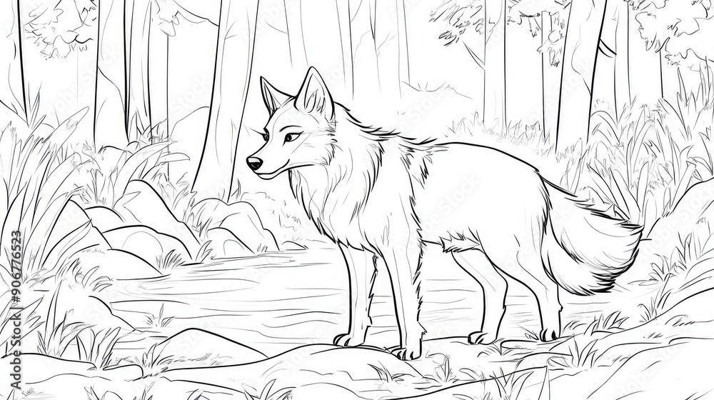 Cunning wolf in the forest cartoon line drawing used for teaching ...