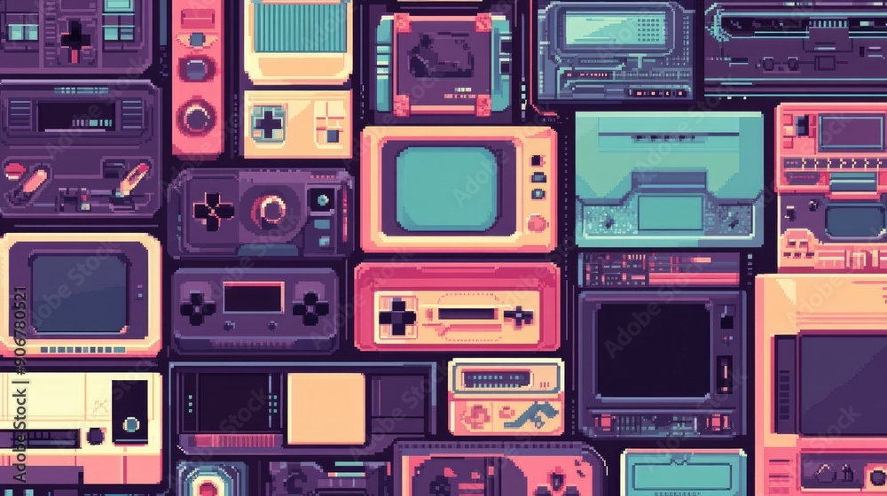 Colorful pixel art background with retro video game aesthetics ...