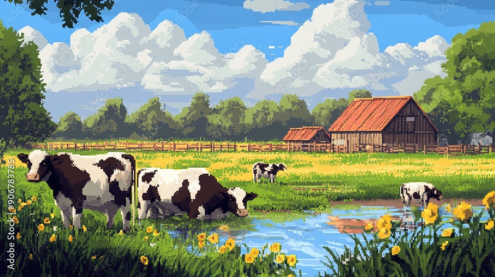 Digital pixelated cows in a retro 8-bit farm setting, blending ...