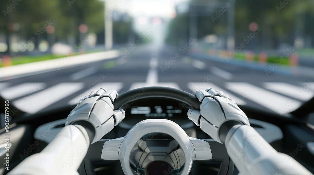 View from driver, robot driving car on a busy road. Concept of a ...