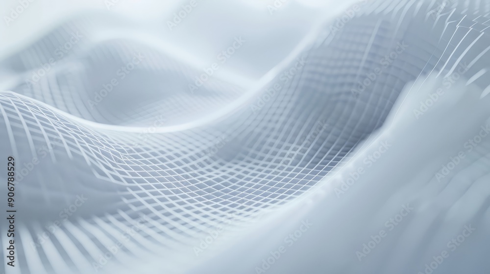 Abstract white and gray mesh pattern, flowing and undulating, creating ...