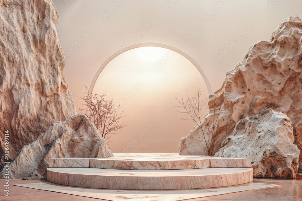 Podium vide rond dans un pièce en marbre avec une arche lumineuse Stock ...