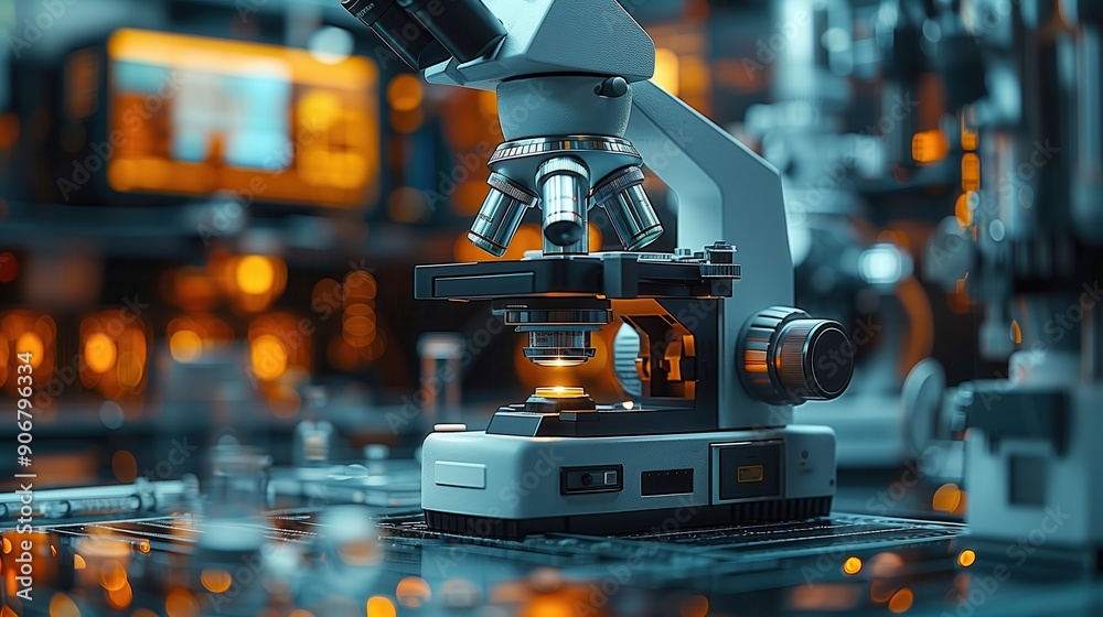 Illuminated Microscope in Research Lab. Illuminated microscope in a research lab, emphasizing ...