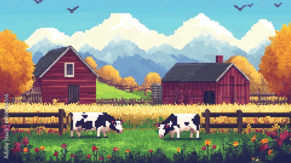 Modern pixel art setting of a retro 8-bit farm with digital pixelated ...