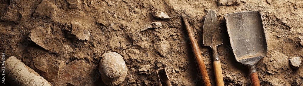Archaeological tools and artifacts on a dusty excavation site ...