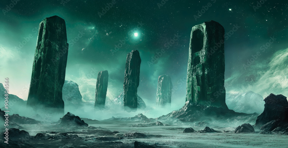 Concept art of an alien landscape with large rock formations, with ...
