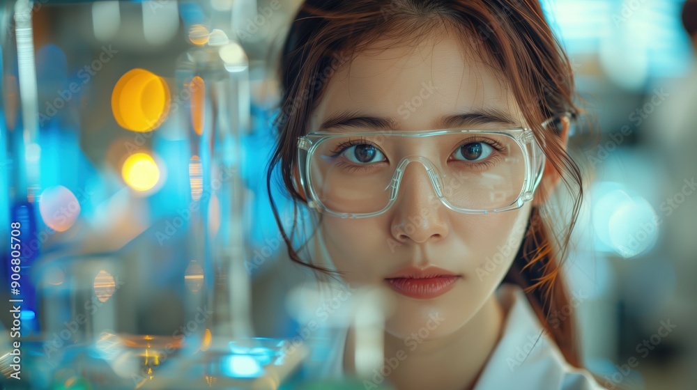 Asian Female Scientist in Safety Goggles. Close-up of an Asian female ...