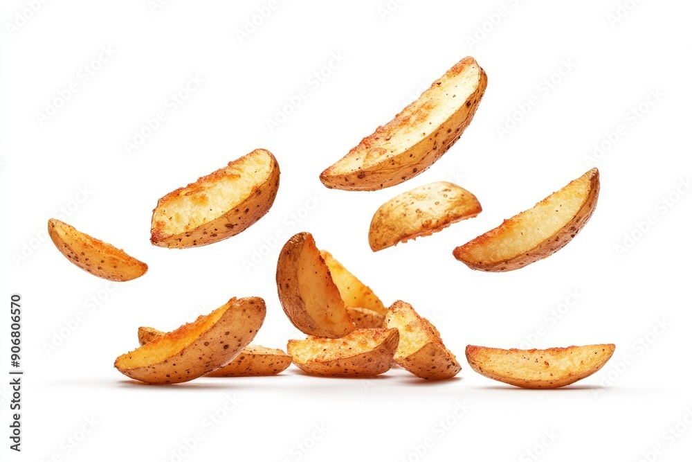 Falling fried Potato wedges, isolated on white background, full depth ...