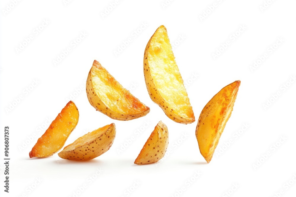 Falling fried Potato wedges, isolated on white background, full depth ...