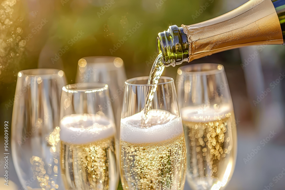 Champagne Sparkling wine Prosecco is poured into Glasses afterward and ...
