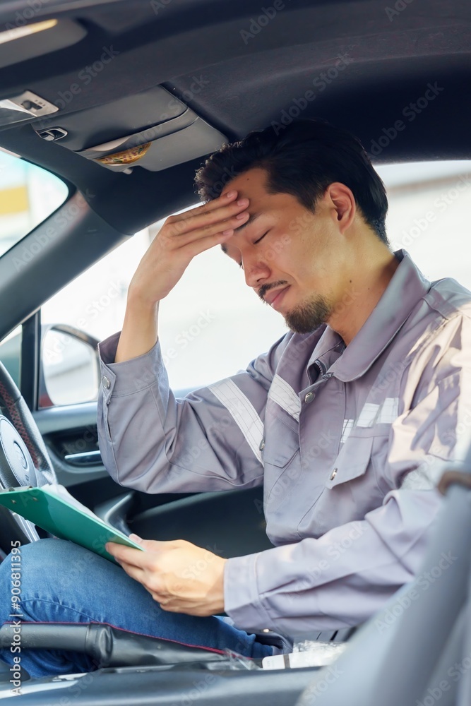 Asian male insurance officer inside car, showing signs of stress with ...
