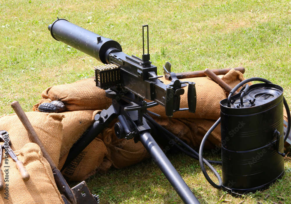 Historical reenactment of World War I with an old water-cooled ...