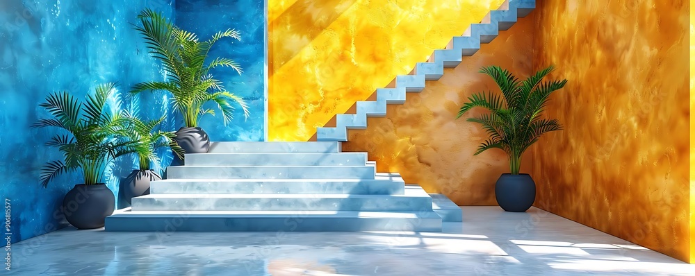 Modern Interior Design with Blue and Yellow Walls, Concrete Stairs, and ...