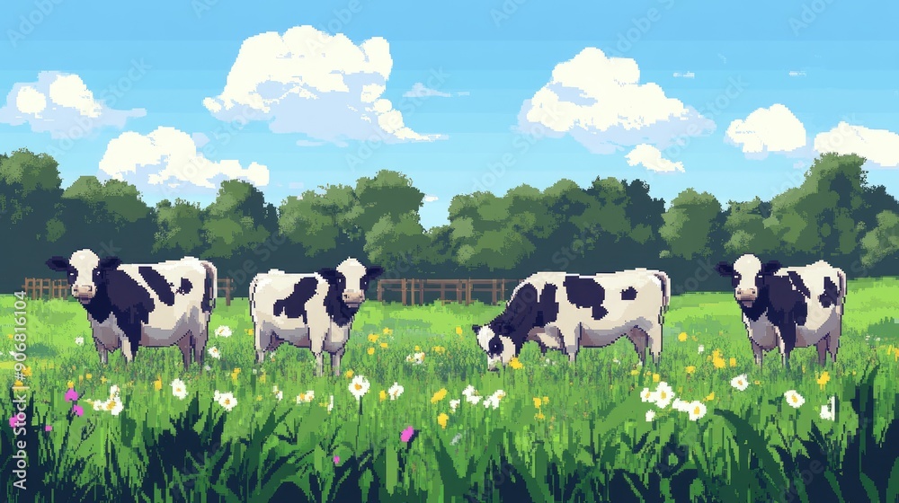 Nostalgic 8-bit pixel art of cows in a digital farm setting, perfect ...