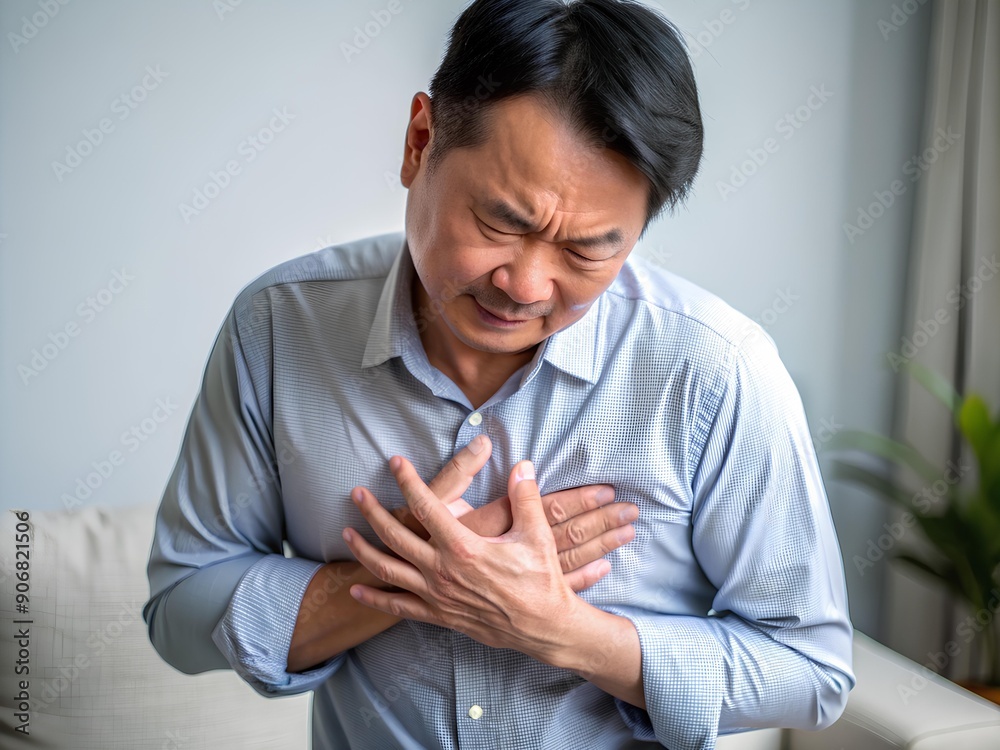 Senior man clutching his chest in pain, depicting heart attack symptoms ...