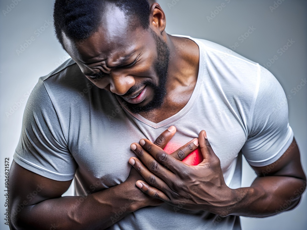 Foto de Man clutching his chest in pain, depicting heart attack ...