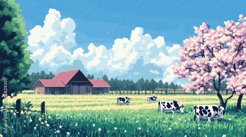Retro 8-bit farm scene with pixelated cows, capturing a nostalgic yet ...