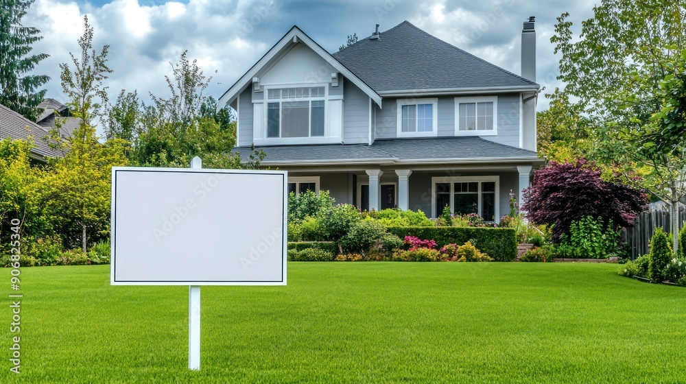 White blank board concept in home yard for sale or advertising mockup ...