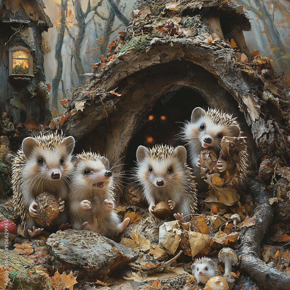 A family of hedgehogs lives in a tree in an autumn forest. The burrow ...