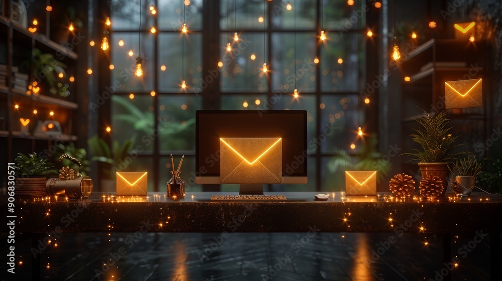 Cozy Home Office at Night with Glowing Email Icons on Computer and Desk ...