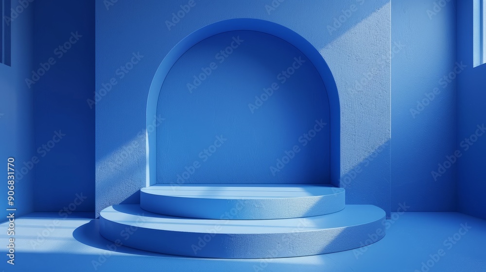 Blue podium setup for product display in studio environment Stock Photo ...
