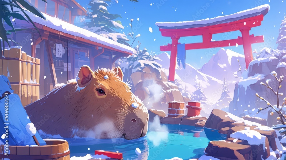 A serene winter scene featuring a capybara relaxing in a hot spring ...
