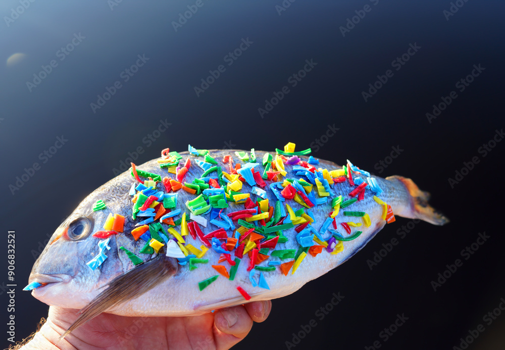 Microplastics in Fish. Dead fish in sea, eats plastic waste. Ocean ...