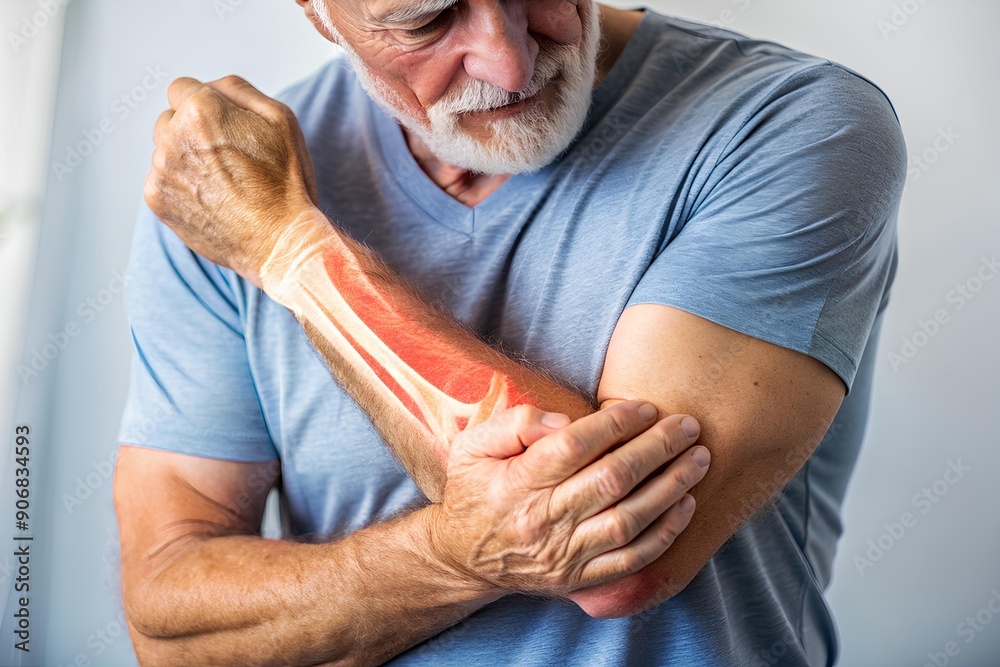 Elderly man holding his elbow with a superimposed image of muscles and ...