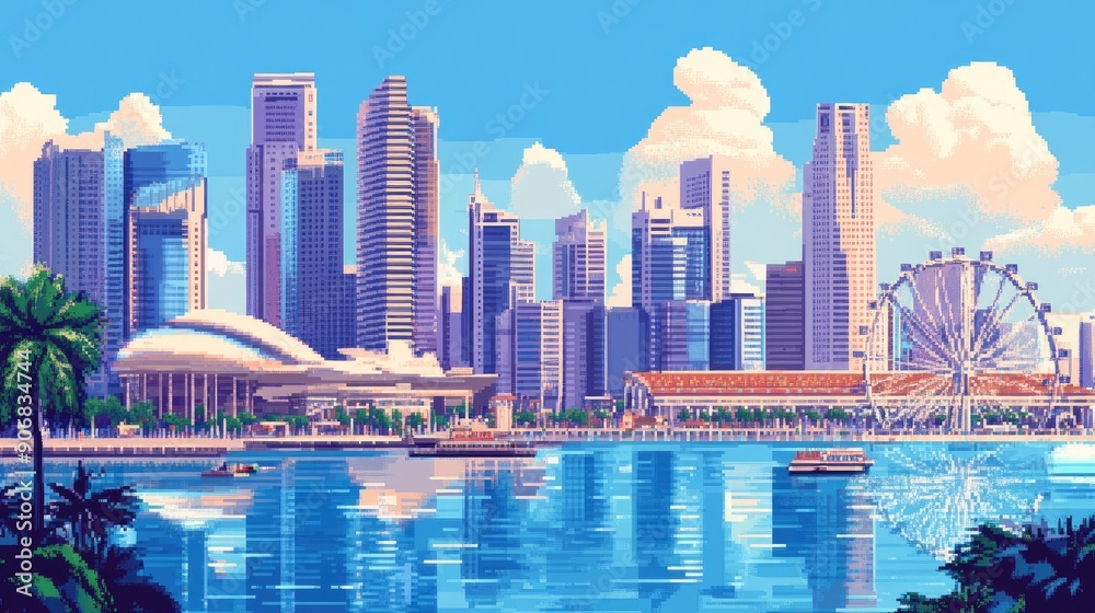 Retro pixel art of Singapore, presented in an 8-bit vintage game style ...