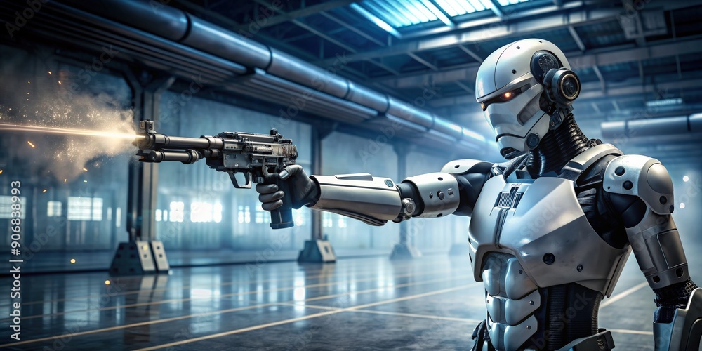 Humanoid robot pointing gun at enemy in futuristic battle scene, AI ...